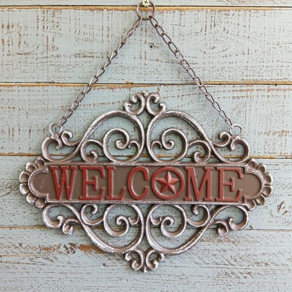 チェーンを含まないサイズ幅３０×厚み１×高さ２３センチキャストアイアン製重厚な鋳物製のウェルカムガーデンプレート●メール便（ネコポス）で送料無料●ポスト投函の為、配達日時指定は承れません。サインプレート サインボード ブリキ看板スチールプレ...