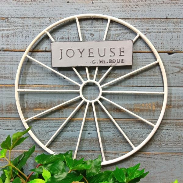 直径４０×厚み１センチスチール製プレートが付いた車輪をモチーフにしたフレンチテイストのオーナメントオーナメント ガーデンオブジェ 飾り 置物車輪 ミルク缶 ハンギングフック バードトレープランツケージ バードケージ 鳥かご うさぎ ガーデニ...