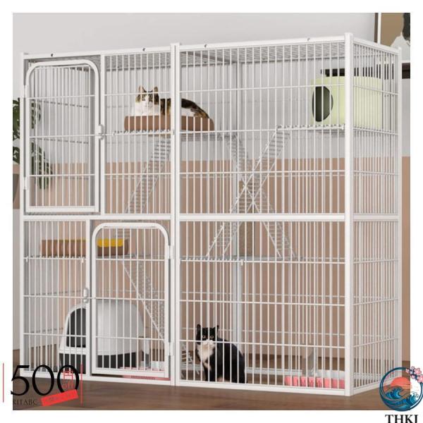 特大猫用ケージ：このケージは非常に広いスペースがあり、最大5匹の猫を収容して一緒に暮らすことができます。 3階建てのスペースで、休憩所、スポーツエリア、飲食エリア、トイレエリアがあります。 素晴らしい高さと広い幅。 猫は快適に暮らすことがで...