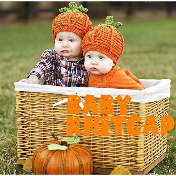 パンプキンデザインの手編み風のニット帽です【サイズについて】3-12ヶ月位の赤ちゃん用です
