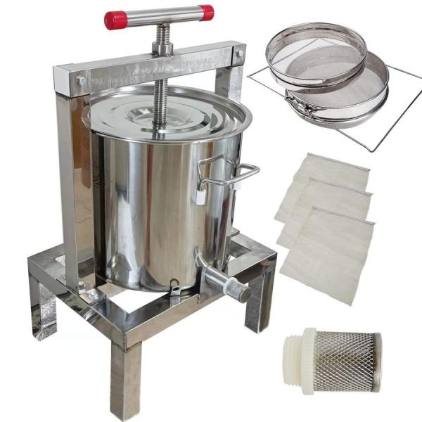 蜜 絞り 機の重量：14.7KG 容量：15L パラメータ：外バレル: φ30*高さ30CM、インナーメッシュバレル：φ24*高さ28CM、製品サイズ：40 * 30 * 63CM. 無料ギフト: ナイロン濾過ネット*3、304ステンレス鋼...