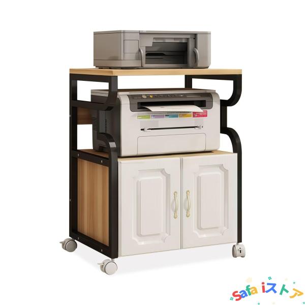 【多機能収納スタンド】 プリンター置き場、オフィス書類整理、コピー用紙収納までこれ1台で完結。オープン収納スペースと引き戸付き収納を備え、使い勝手抜群の多機能デザイン。【高級感あふれる木質仕様】 実木芯材に天然木調パネルを採用（ブラック/ホ...