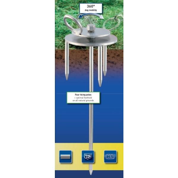ランブロックは堅固で機動性に優れた犬の係留器具です。ハンマーを使っていろいろな形状の地面に設置でき、3本の補助固定柱でブロックを安定させています。犬はリードの長さを半径として360°行動することができます。
