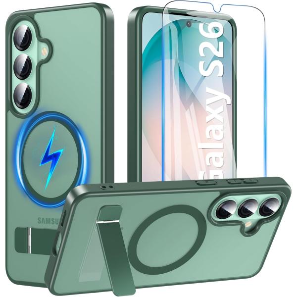 Galaxy S26 ケース ガラスフィルム付き・MagSafe対応・スタンド機能 A-B0GK7B85MX ギャラクシーS26 カバー 調整可能 縦横両対応 半透明 黄ばみなし 耐衝撃 指紋防止 マグネット搭載 マグセーフ対応 ストラップ...