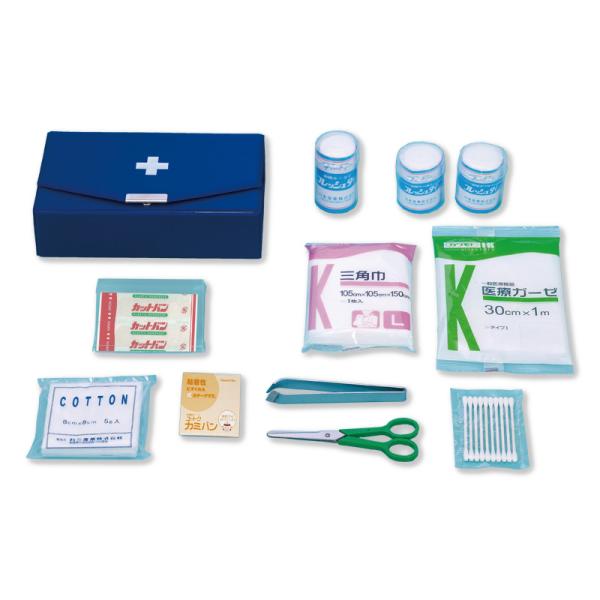 【セット内容・数量】・三角巾　1枚・ガーゼ　1枚・伸縮包帯L　1個・伸縮包帯M　2個・脱脂綿　1個（5g）・救急絆創膏　1箱（10枚入）・紙絆創膏　1個・綿棒　1個（10本入）・ハサミ　1本・とげ抜き兼用ピンセット　1本・ケース　1個（21...