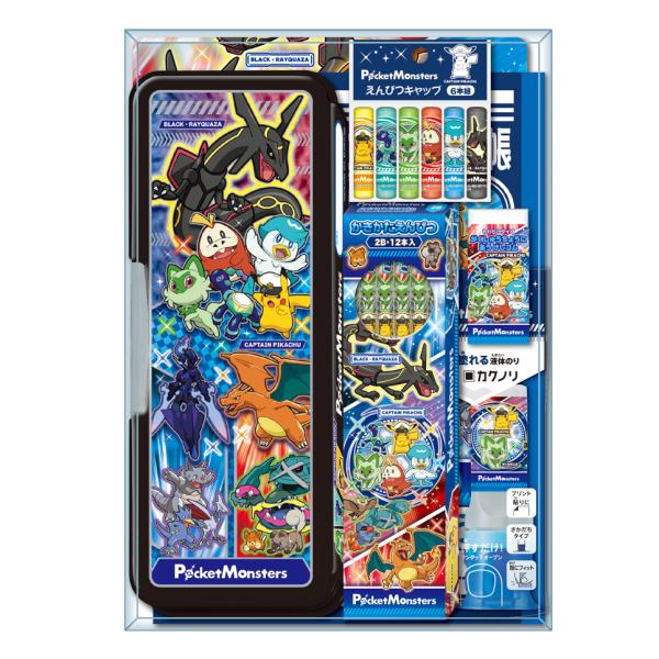 ポケットモンスターの文具７点入、新入学ギフトセット。透明ケース入りで、入学・入園祝にもおすすめです。※サイズ：約H259×W185×D42mm■セット内容：・ホログラム両面筆箱×1個・自由帳×1冊・下敷×1枚・かきかた鉛筆 2B×1ダース(...