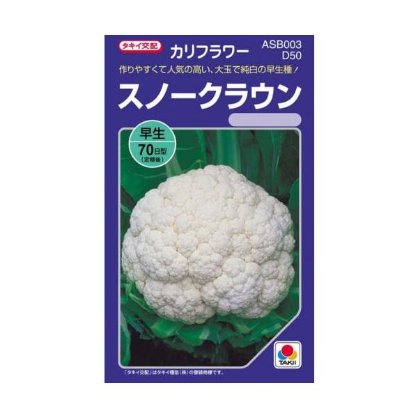 草姿はやや開張性。草勢旺盛で耐病性強く、栽培が容易。 熟期は、適期栽培で定植後約70日で収穫できる早生種。 花蕾は均斉のとれた純白の大玉で、肉厚く、品質は早生種中で最高。そのうえ、花蕾が緻密にしまり、収穫期の幅は広い。 花蕾の直径16cm、...