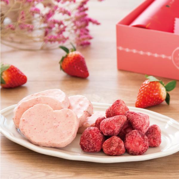 ミルキーで甘酸っぱいつぶつぶ苺チョコラスクと、フリーズドライのいちごにホワイトチョコをしみ込ませたチョコいちごをセットにしました。※化粧箱詰め・のし掛けの対応はできません ※通常ラッピング不可