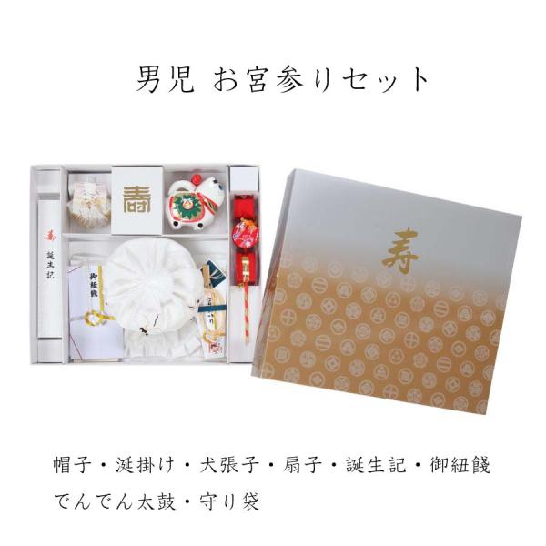 セット内容帽子・涎掛け・犬張子・扇子・誕生記・御紐餞でんでん太鼓・守り袋お子様が無事すくすくと元気よく育つようにと願いを込めた縁起物です