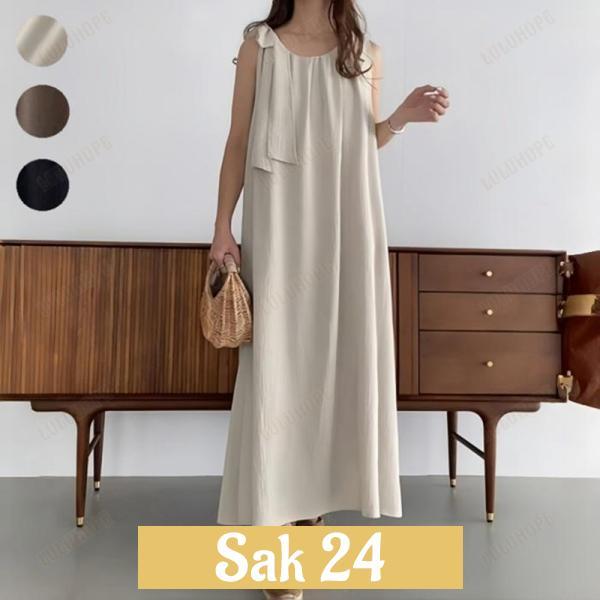 ワンピース レディース キャミワンピース クルーネック リボン ノースリーブ ロングワンピース ロング丈 マキシ丈 キャミソール 無地 おしゃれ シンプル カジュアル 大人可愛い ファッション 夏 新作 体型カバー ゆったり 黒 白【品  ...