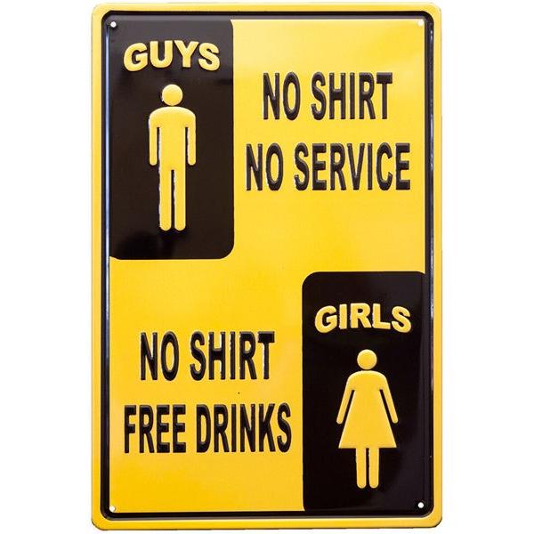 アメリカンジョークでおしゃれなデザインのアメリカプレート！店舗案内にもピッタリですね！！「男性はシャツを着用していないとノーサービス！！」「シャツを着用していない女性は…フリードリンクです♪」ギャグを交えたマナー看板はいかがでしょう？アイア...