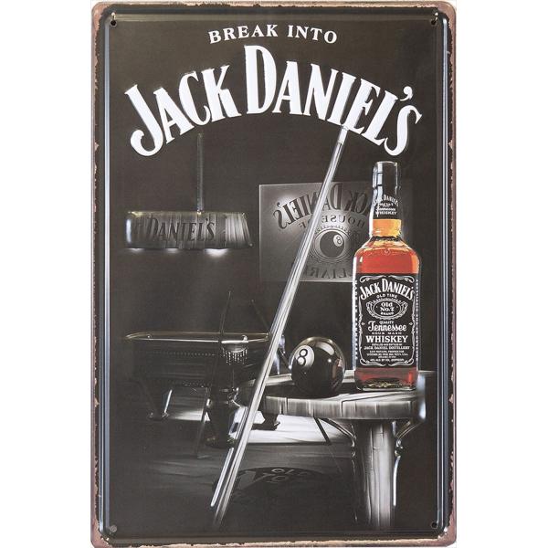 「Jack Daniel's」のヴィンテージ感あふれるブリキ看板です。テネシーウイスキーのクラシックなロゴデザインに加え、ビリヤードをテーマにしたスタイリッシュなアートが特徴。横30センチ×縦20センチのコンパクトサイズで、バー、リビング、...