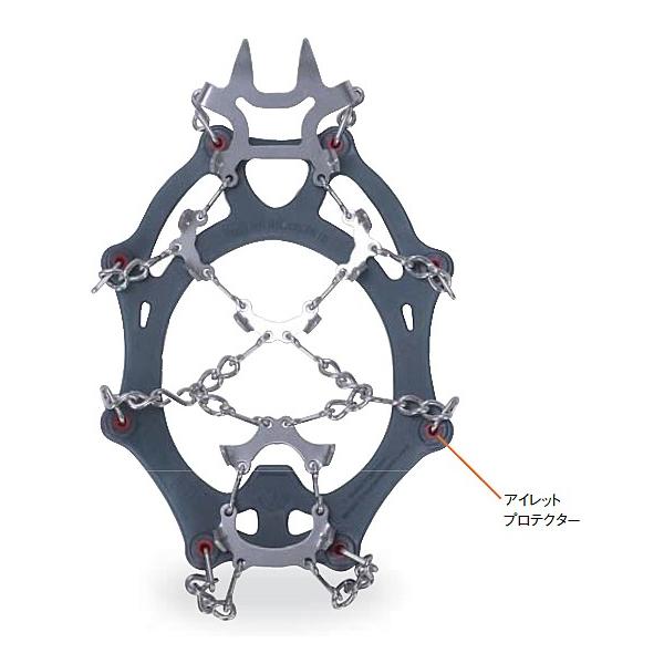 前爪部の先2本が前方へ出ています。中間部の6本爪と、かかと部の4本爪が雪氷面へしっかりと喰い込みます。●素材／ステンレススチール、シンセティックラバー●サイズ、アイレットカラー／L：ブルー（シューズ26.0〜28.5cm）●重量／M（360...