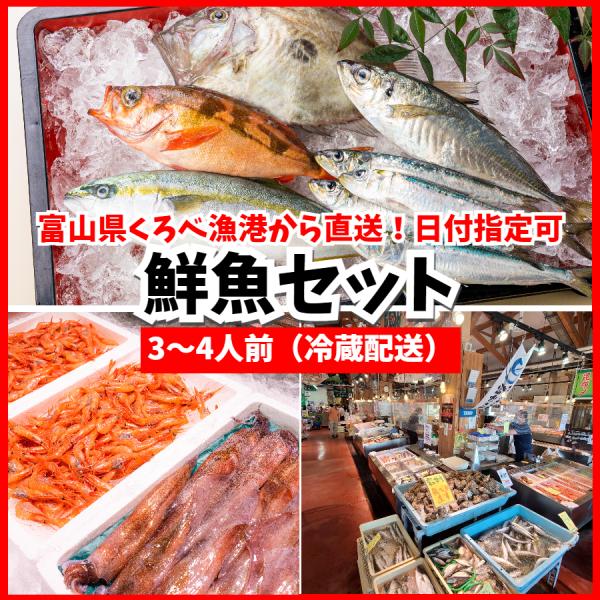 【商品概要】鮮魚ボックス (海鮮福袋) 目安人数：3-4人前【おすすめポイント】富山県くろべ漁港の漁師が朝どれの中から、おススメのネタを厳選し鮮魚セットとして直送。同じ魚を業務用として居酒屋やレストランにも卸しています。「冷蔵」だからこその...