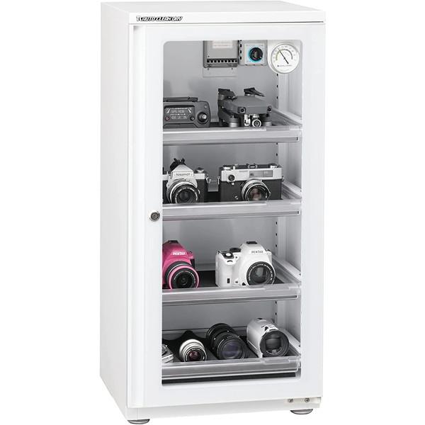 耐久性抜群の日本製電子ドライユニット搭載、光触媒と可視光LEDで庫内をクリーンに保持しつつ電気代１日１円以下の省エネ設計！ 1ドア 引出棚 4段 高さ調整 外部コンセント 丸型LED庫内灯 鍵付 アナログ湿度計 梅雨 湿気