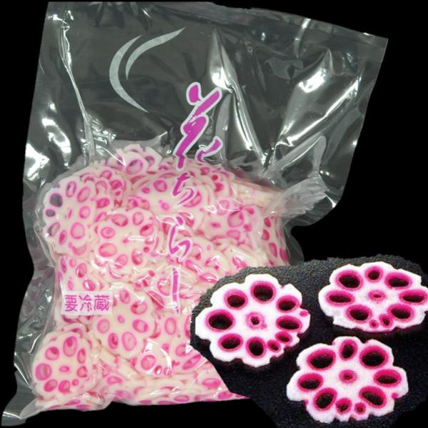 《商品説明》れんこんを花型にしまわりを赤く着色しました。もりつけした時に華やかさがあって、かわいらしい商品です。れんこんのシャキッとした歯ざわりをお楽しみください。祝事の酢物、弁当、折詰、ちらし寿司のトッピング等におすすめです。1枚サイズは...