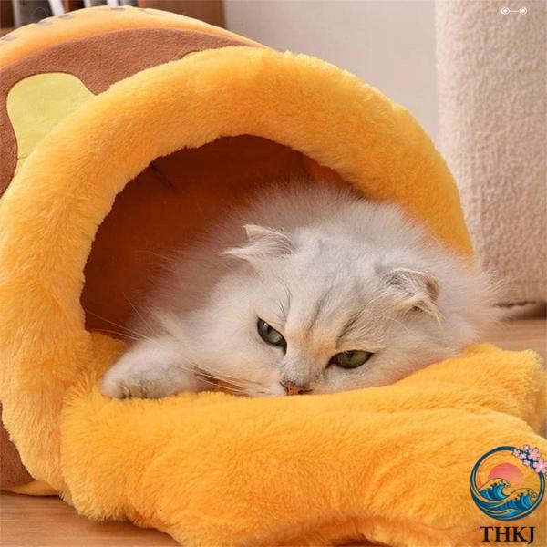 猫ベッド こぼれハチミツ壺型 ねこ ハウス 冬 猫のベッド 洗える 暖かい 子犬 小型犬 ベッド ドーム型 キャット ベッド もこもこ クッション付き ふかふか 室内