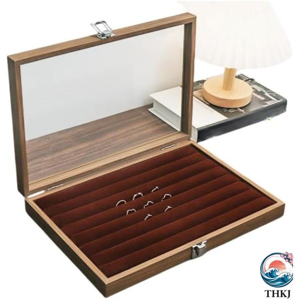 アクセサリーケース 指輪ボックス 木製 蓋付き ベルベット調 アクセサリー 指輪 ピアス リングケース 収納 ボックス 小物入れ ディスプレイ用 携帯用 イヤリング