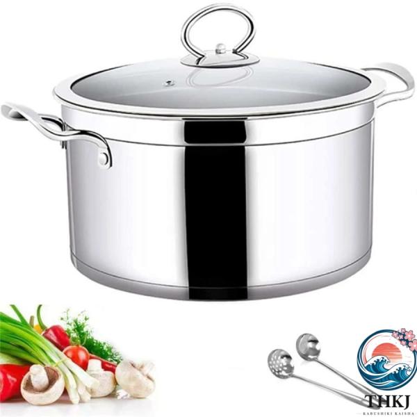 両手鍋 パスタ鍋 半寸胴 深型 ストックポット・ステンレススープポット ガラス鍋蓋付シルバー IH対応 クック ポット 底面3層構造 オール熱源対応 (22CM)