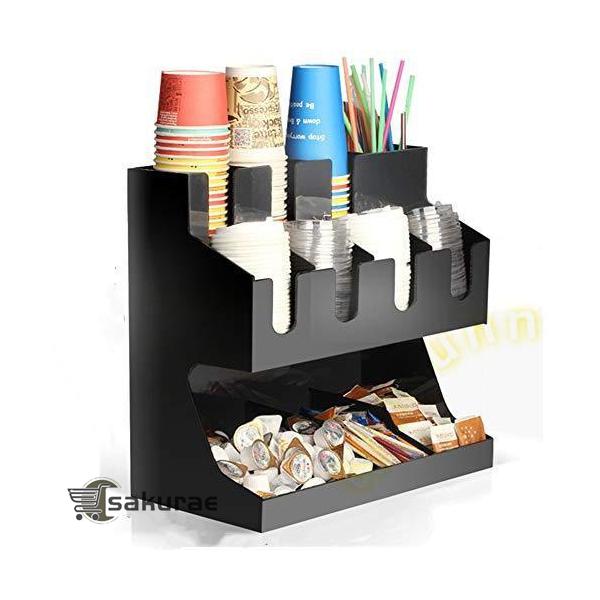 【大容量】適応カップサイズ：口径10cm以下のコップが入れる大容量な紙コップ収納庫です。さらに、紙カップと蓋/コーヒーカップ/コーヒー調味料/シュガー/ストロー/ナイフ /フォーク/箸など入れホルダーです。生活をより便利になる為設計されたバ...