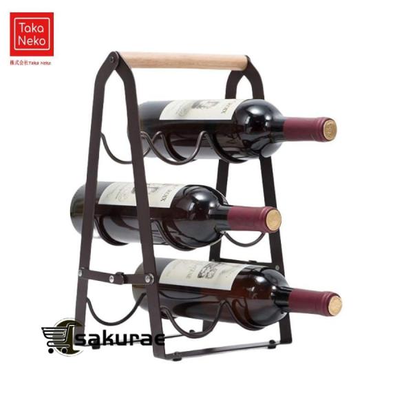【折りたたみ式】ワインラック 6本収納 おしゃれ 木製ハンドル付き 金属製 ボトルホルダー 卓上/キッチン/バー用 省スペース モダンデザイン 組立不要 ギフトに