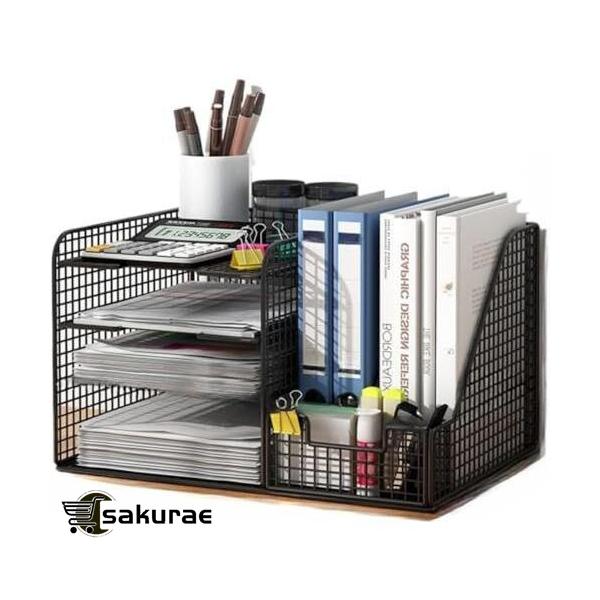 卓上収納ラック 引き出し付き ファイルボックス 4仕切りペン立て付き レタートレー 書類棚 金属製 メッシュ ペン 新聞/雑誌/A4ファイル/フォルダ/書類/小物入れ