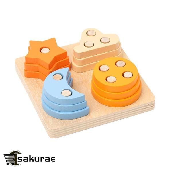 幼児教育玩具】：：この木製の積み重ねと並べ替えのパズルには、4つの色の積み重ねおもちゃと4つの幾何学的形状を含む16個のピース??が含まれています。赤ちゃんに数字、色、形について聞いてから、さまざまな組み合わせを試してみることができます。★...