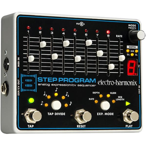 8 Step Programは、エフェクトペダル、キーボード等エクスプレッション・ペダル入力できる機器と接続して使用できるアナログ・シーケンサーです。本機を使用することで、エクスプレッション・ペダルのように連続的にパラメーターをコントロール...