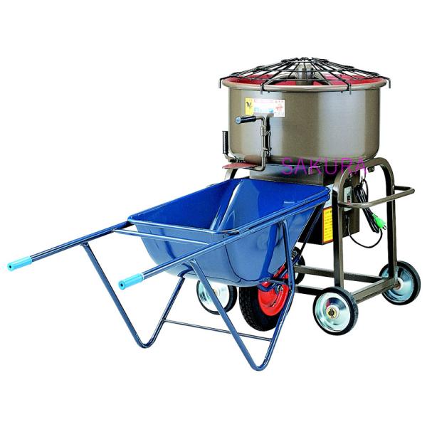 画像の一輪車は別売りモーター保護装置付き品名：ハンディミキサー型式：ＰＭ−２３ＧＨ（脚高タイプ）混合量：75L（2.5切） / ドラム容積106L1袋練り用(25kgセメント袋) サイズ：機長770x幅880x高1,080mmドラムサイズ：...