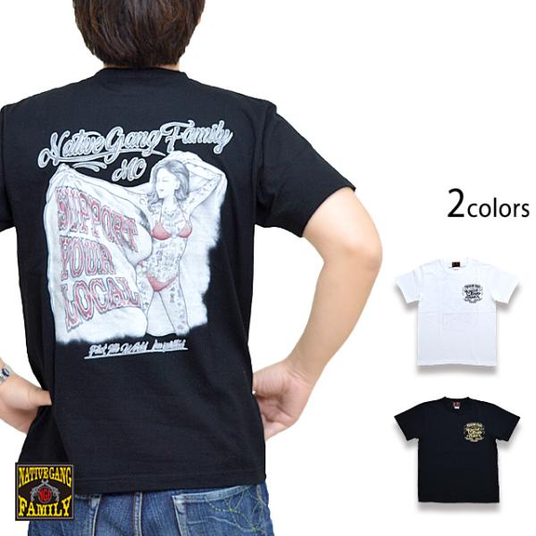 CHIGIRIさんのアメカジライン！Native Gang Familyから「フラッグガールインクジェット半袖Tシャツ(NGF37-592)」のご紹介です。鉛筆画のような質感で描いたイラスト。女性や、体の刺青、服のシワ、人物の影など細かいと...