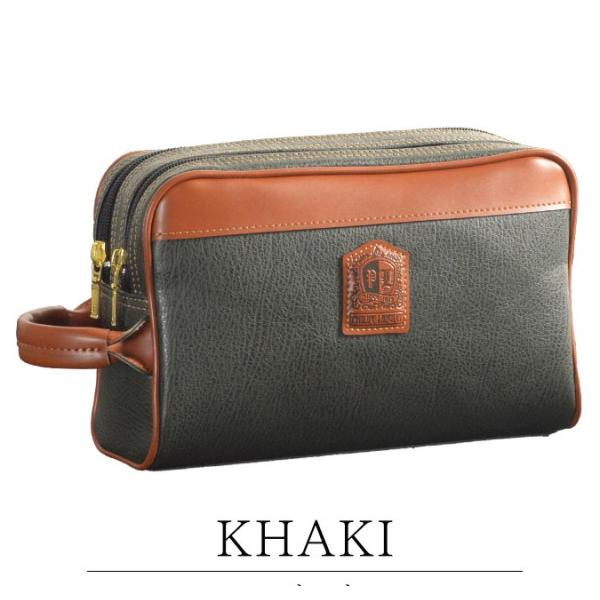茶系の付属とのコンビ色の実用的なデザインのセカンドバッグ。  メガネやお財布、手帳など小物を入れて持ち運ぶメンズバッグ。背面にファスナーポケット付き。本体は二室構造。本体内部にカードポケット。サイドハンドル付き。