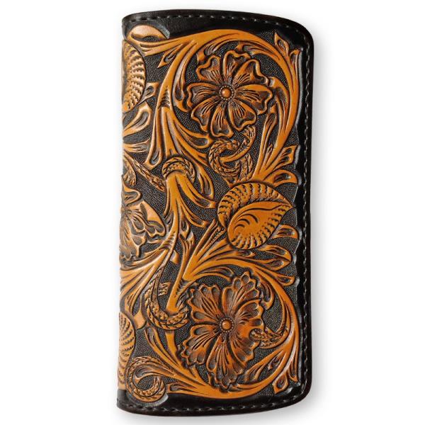 スリムロングウォレット A-2 フラップレス カスタムモデル シェリダンスタイルカービング ハーマンオーク ツーリングレザー サドルレザー 革財布 ハンドメイド ヌメ革 経年変化 ベジタブルタンニンなめし 本革 サムライクラフト 送料無料 ...