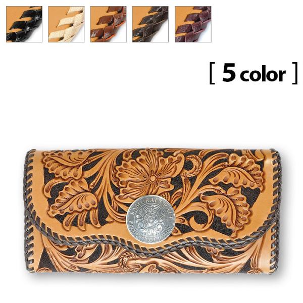 ■品名：三つ折りロングウォレット [B-3]■素材：ツーリングレザー■サイズ：195×95×30mm■サンプルコンチョ：38mm■仕様：カード入れ×8　札入れ（マチ無）×2　札入れ（マチ有）×2　小銭入れ×1　規格外カードポケット×2※外周...