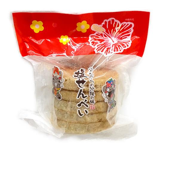 シーサーデザインパッケージの塩せんべい♪こんがりと焼き上げた味。■原材料名 小麦粉（国内製造）、加工でん粉、植物油脂（大豆を含む）、食塩※この商品は原材料に大豆を含みます。■内容量 5枚■製造日からの賞味期限 製造日より90日■メーカー／産...