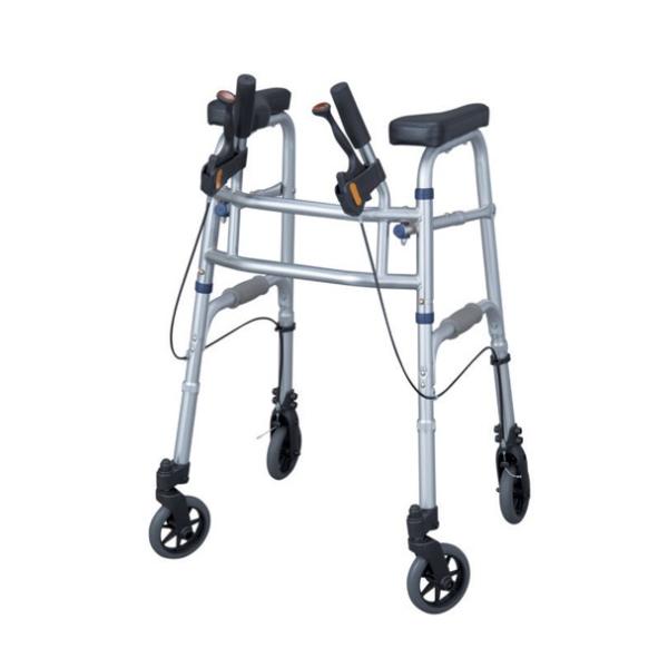 ●フレーム／アルミ（一部スチール）●カラー／シルバー●サイズ／幅59〜60×奥行き54〜57×高さ84〜94ｃｍ（5段階）●重量／5.8kg●車輪径／12.5cm●特徴／・全幅60cm、コンパクトサイズの馬蹄型歩行器。縦型ブレーキハンドル、...