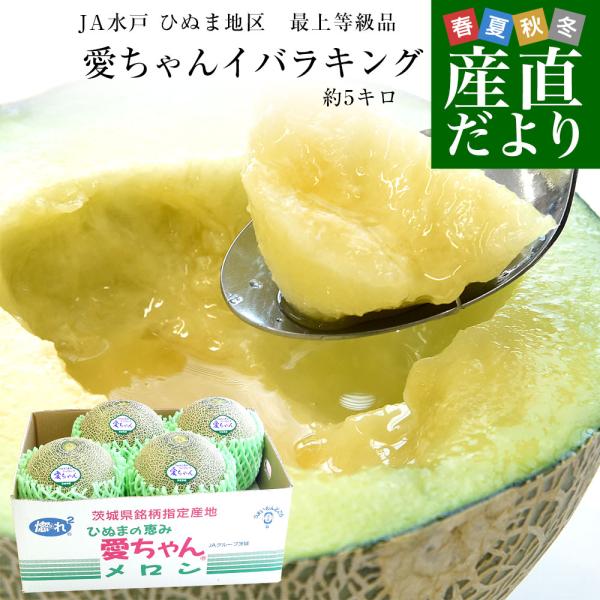 【発売日：2026年05月01日】茨城県JA水戸　ひぬま地区より産地直送します。 商品名: 愛ちゃんイバラキングメロン内容量:約5キロ(4Lから3Lサイズ:3玉から4玉)産地:茨城県 「茨城メロンのキングになってほしい」という、想いが込めら...