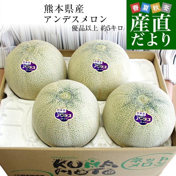 熊本県より産地直送します。商品名：アンデスメロン 原産地：熊本県内容量：約5キロ(3玉から4玉)いつ買って食べても「あんしんです」ということから、命名されたアンデスメロン。 網目のあるネット系メロンの代表的な品種です。青い果肉は、芳醇な香り...