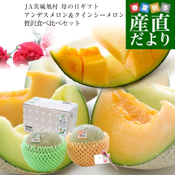 東京都大田市場より発送致します。商品名：アンデスメロン＆クインシーメロン産地：茨城県内容量：合計約2キロ (2Lサイズ×各１玉)一大名産地JA茨城旭村の、大人気メロン２種の贅沢食べ比べセットをお届け！鮮やかなグリーンの果肉、瑞々しく爽やかな...