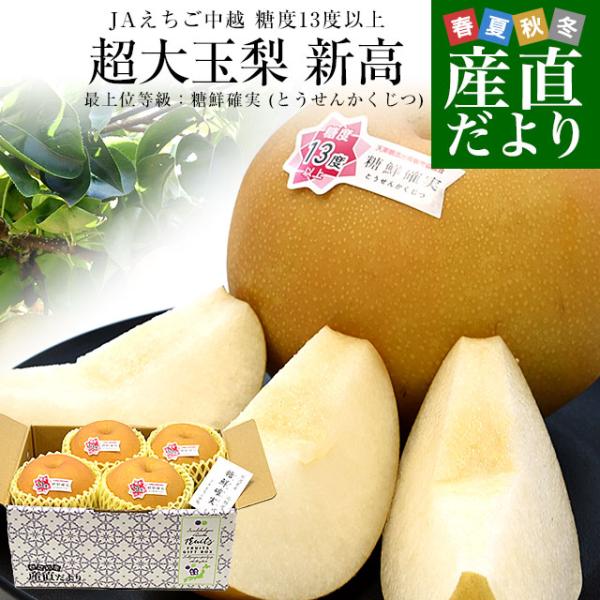 東京都大田市場より発送します。商品名：梨（品種：新高）産地：新潟県内容量：約2キロ（4玉）1玉1玉、光センサーで糖度や熟度を測定し、糖度13度以上で味・外観ともに優れた梨、「最上位等級：糖鮮確実」をお届けします。品種は超大玉の「新高」。ジュ...