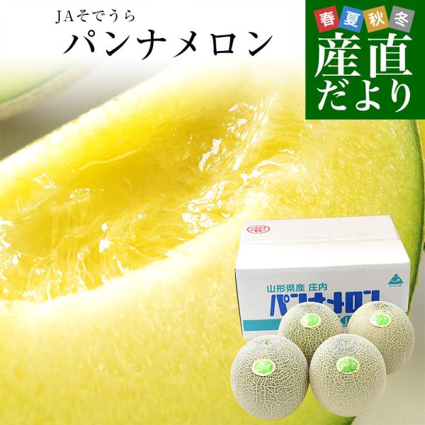 東京都大田市場より発送します。商品名：パンナメロン産地：山形県内容量：約5キロ（４玉入り）高糖度で日持ちの良い、緻密な果肉のパンナメロン！上品な甘みが自慢のメロンです。山形県庄内「そでうら地区」で、大地と太陽の恵みを存分に受け育ちました。水...