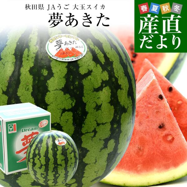 東京都大田市場より発送します。名称：スイカ（夢あきた）産地：秋田県内容量：10キロ以上(1玉入り)秋田県内有数の収穫量を誇る、JAうごの大玉すいかをお届けします。昼夜の寒暖差で甘くみずみずしく育ち、シャリ感も抜群のすいかです。JAうごでは、...