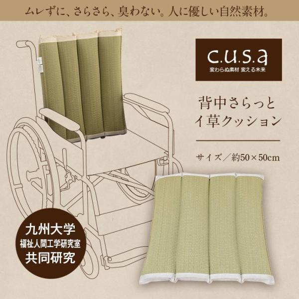 ■い草の綿の2.5倍汗を吸収する力、アンモニアを99 %消臭する程の消臭力を活用した、車いす用クッションです。高齢者の車いす使用を想定し、高さ50cmとハイバック仕様を採用しています。さらに幅50cmのポコポコ仕様で左右対称をサポートします...