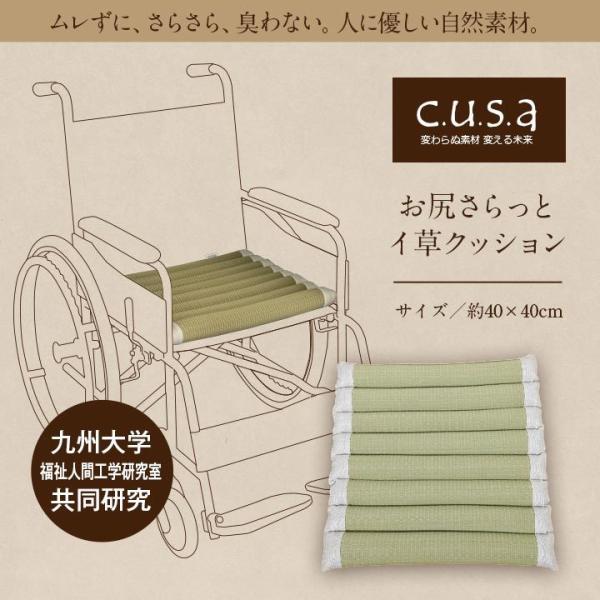 ■い草の綿の2.5倍汗を吸収する力、アンモニアを99 %消臭する程の消臭力を活用した、車いす・椅子用クッションです。高齢者の車いす使用を想定し、8本のポコポコを採用、尾骨座骨を和らげ、更に前滑り防止を目指しております。■九州大学福祉人間工学...