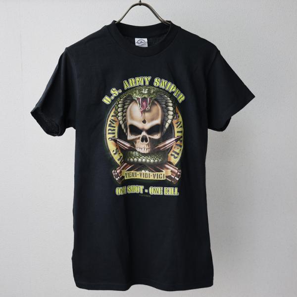 BLACK INC DESIGN社のオリジナルデザインのTシャツです。アメリカ陸軍のスナイパーのマークに描かれているコブラとドクロ、そしてスナイパーによく使われるワード、゛ONE SHOT ONE KILL゛と゛VENI-VIDI-VICI...