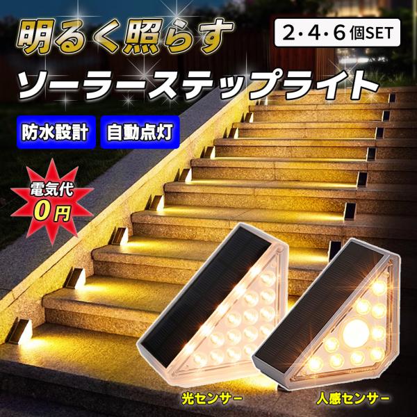 【説明文】太陽光充電＆人感センサー搭載の省エネソーラーライト。暗くなると自動で点灯し、人の動きを感知すると点灯します。配線不要で簡単設置、防水IP44で雨の日も安心で、玄関や階段など屋外に最適。柔らかい光の暖色仕様で夜間をやさしく照らします。