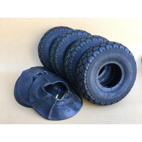 ■商品説明荷車・台車・ハンドカート用の補修用タイヤとチューブ各4本ずつのセットになります。タイヤは花柄パタンとなります。バルブ形状はL型となります。ご注文の際にバルブ形状をご確認ください。海外製の台車などに使用されております。※送料無料(北...