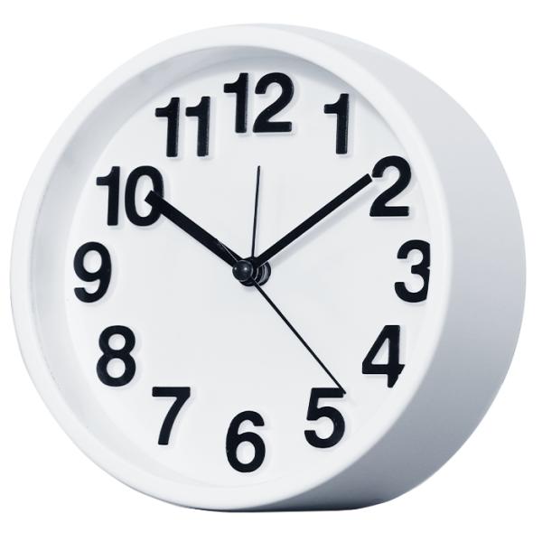立体的な文字で見やすい！モノトーンな置時計。▼ 本体サイズ(約)[全体]幅13.4×奥行5.2×高さ13.4cm▼ 重量(約)180g▼ 素材・材質ポリスチレン、ガラス▼ カラーブラック、ホワイト▼ 生産国中国▼ キーワード置き時計 目覚ま...