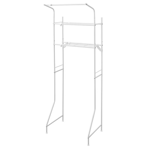 つやなしマット仕上げ。スタイリッシュでおしゃれなランドリーラックです。洗濯機の上のデッドスペースを有効活用します。前面にハンガー掛けが付いているので、軽量の洗濯物の室内干しにも使えます。下段の棚は2段階で高さ調節可能です！▼ 製品サイズ(約...