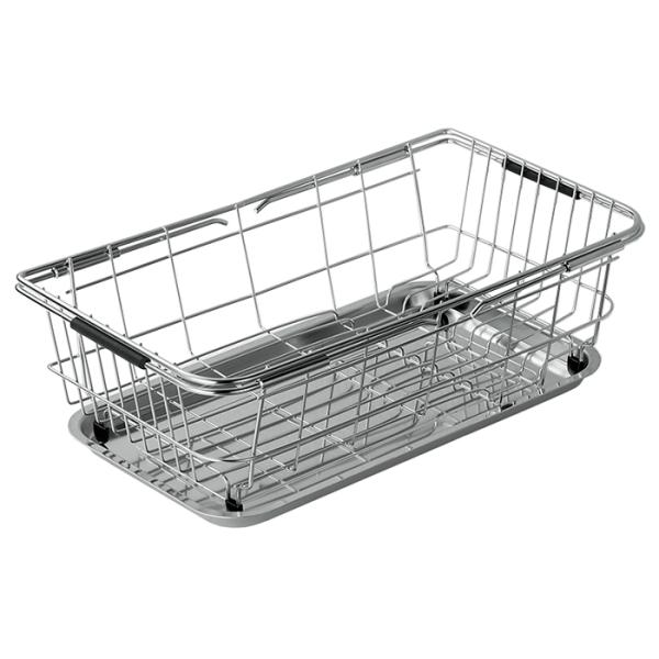 シンクに掛けて使える、伸縮式ステンレス水切りかご。奥行40?54cmのシンクに対応し、サイズ調整ができるため設置も簡単。シンク内で使用する際は直接水切りができ、シンク外で使う場合は付属のトレーが水滴を受け止めるため、設置場所を選ばず使えます...