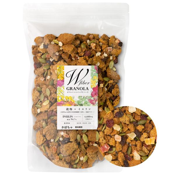 「Wファイバー グラノーラ」は、おからやオートミールの不溶性食物繊維と、腸内環境を整える水溶性食物繊維イヌリンを組み合わせたダイエット・美容サポート食品です。不溶性繊維は満腹感や腹持ちを助け、イヌリンは善玉菌を増やして腸内環境を改善、食欲も...
